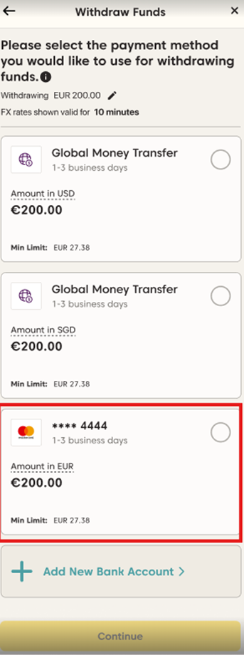 How can I withdraw funds via credit/debit card in the Axi mobile app ...